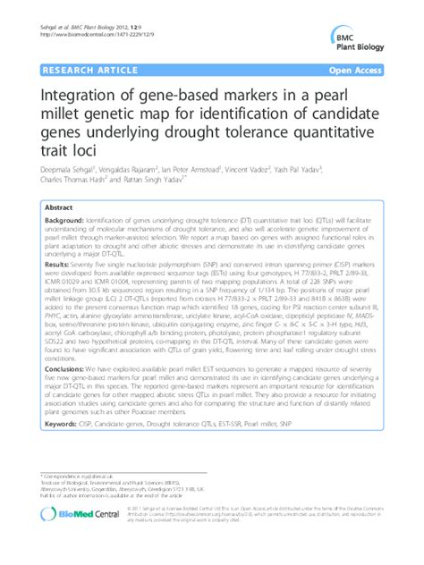 Pdf Integration Of Gene Based Markers In A Pearl Millet Genetic Map For Identification Of