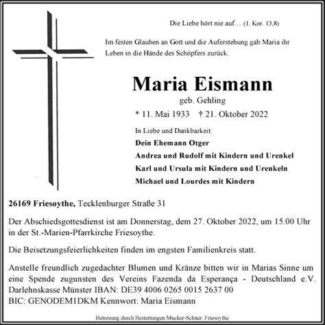 Traueranzeigen Von Maria Eismann Om Trauer De