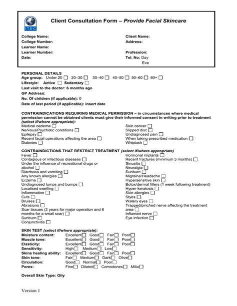Client Consultation Form Facial Skincare
