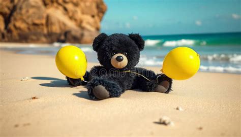 Black Teddy Bear With Yellow Balloons On A Sunny Beach Stock