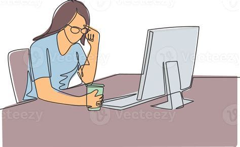 One Single Line Drawing Of Young Female Businesswoman Sitting And Analyzing Data Chart On