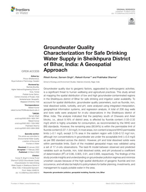 Pdf Groundwater Quality Characterization For Safe Drinking Water Supply In Sheikhpura District