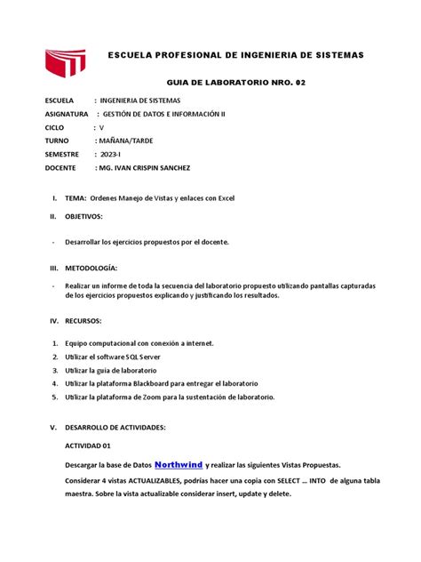 Guia De Laboratorio N°2 V2 Pdf Sql Servidor Sql De Microsoft