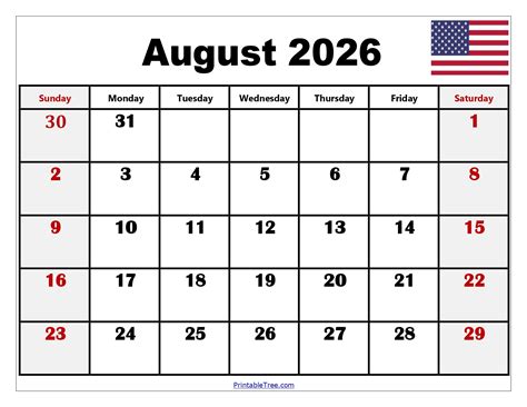 2026 Calendar August Printable Calendar