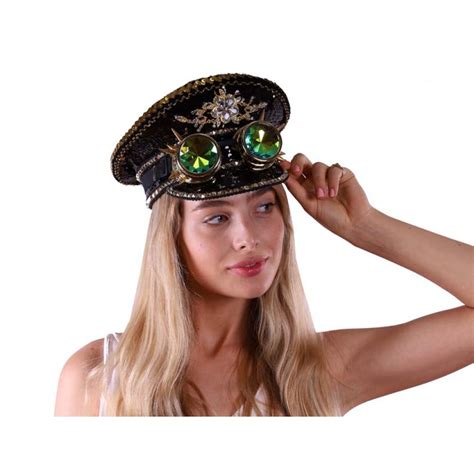 Deluxe Jeweled Burning Man Captains Hat W Holographic Goggles Cappels