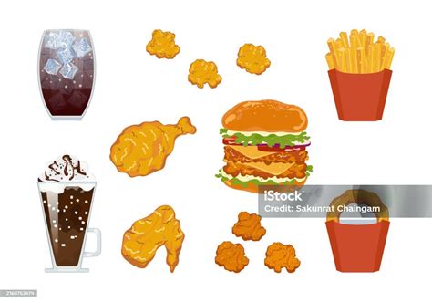 패스트 푸드 아이콘 세트 패스트 푸드 레스토랑 메뉴 청량 음료 코코아 휘핑 크림 치킨 팝 프라이드 치킨 감자 튀김 버거 양파 링 양파 링 고립된 아이콘과 배경에 있는 개체