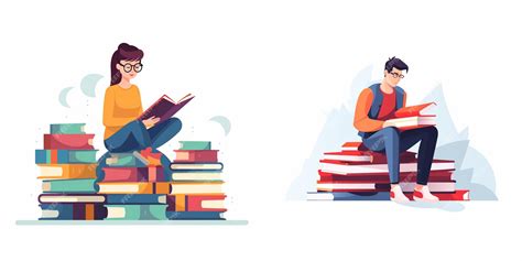 Dos Personas Se Sientan En Una Pila De Libros Y Uno Leyendo Un Libro