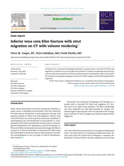 Pdf Inferior Vena Cava Filter Fracture With Strut Migration On Ct