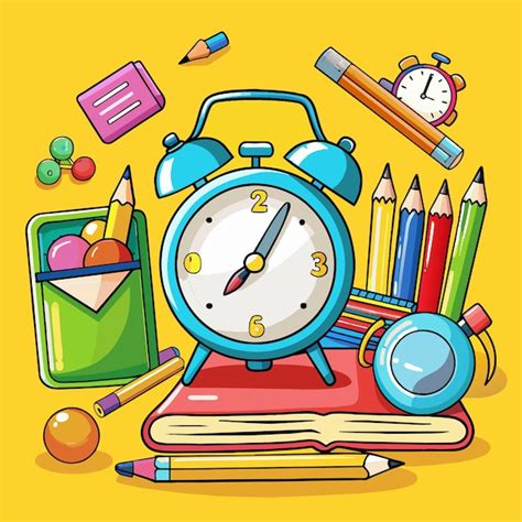 Premium Vector A Drawing Of A Clock With A Blue Face And Pencils