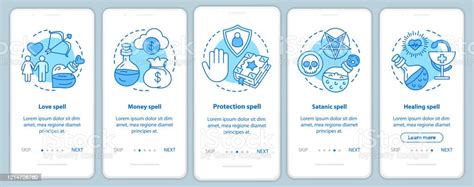 선형 개념으로 모바일 앱 페이지 화면을 온보딩하는 주문입니다 사랑 치유 보호 마법 연습 단계 그래픽 지침 위치 크래프트 Ux Ui 그림과 Gui 벡터 템플릿 5에 대한 스톡