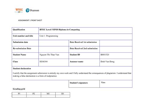 Asm1 Programming Jhdsiajweirwhr Assignment 1 Front Sheet Qualification Btec Level 5 Hnd