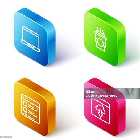 Set Isometric Line Laptop Coffee Cup Go Browser Files And Cloud Technology Data Transfer Icon