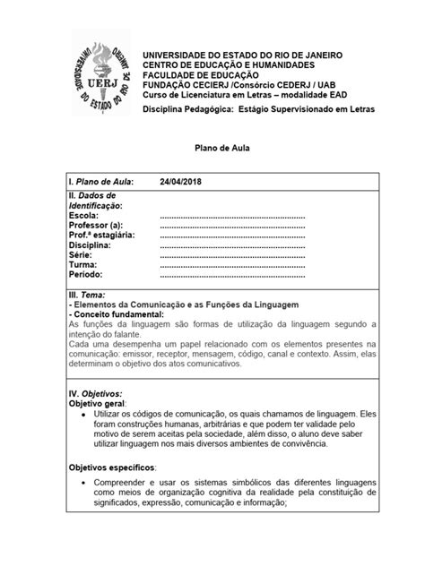 Plano De Aula Elementos Da Comunicação E As Funções Da Linguagem Pdf Comunicação Informação