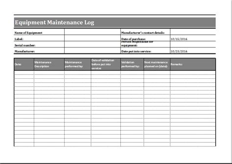 Equipment Maintenance Log Template Free