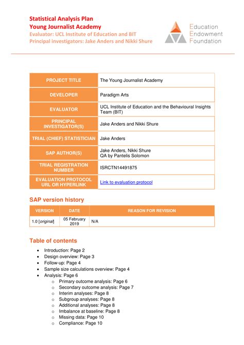 Pdf Statistical Analysis Plan Young Journalist Academy