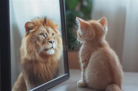 Kitten Sees Lion Reflection Self Discovery Courage Dreams Hope Ai Generated Stock Illustration