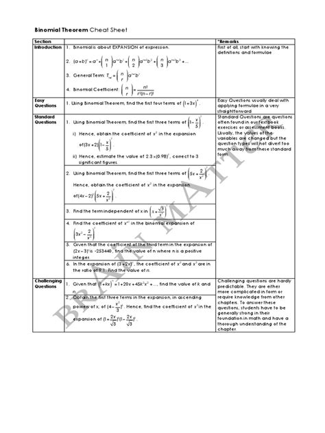 Binomial Theorem Cheat Sheet Guide Pdf Algebra Discrete Mathematics