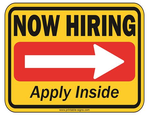 Now Hiring Apply Inside Right Arrow Printable Sign Yellow Printable Signs
