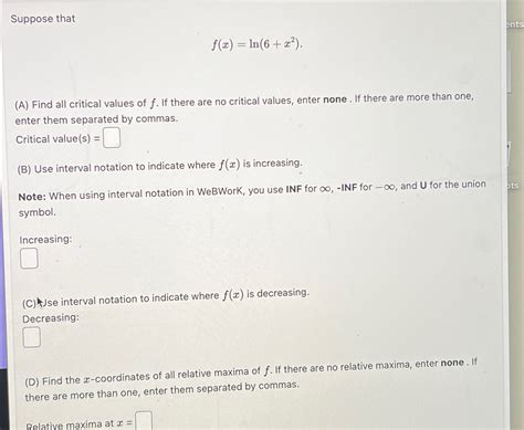 solved suppose thatf x ln 6 x2 a ﻿find all critical