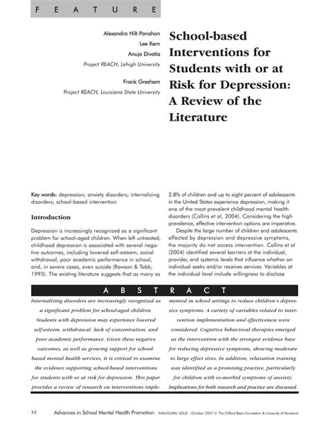 Pdf School Based Interventions For Students With Or At Risk For
