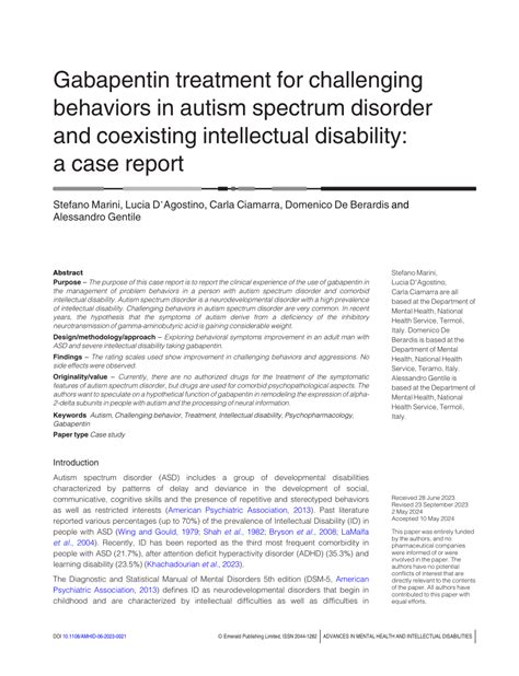 Pdf Gabapentin Treatment For Challenging Behaviors In Autism Spectrum Disorder And Coexisting