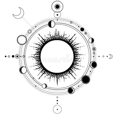 Mystical Drawing Stylized Solar System Moon Phases Orbits Of Planets Energy Circle Sacred