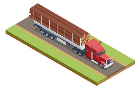 나무 줄기가 적재 된 트레일러가 있는 아이소 메트릭 트럭 강력한 Big Rig Day Cab Semitruck이 특수 트레일러에