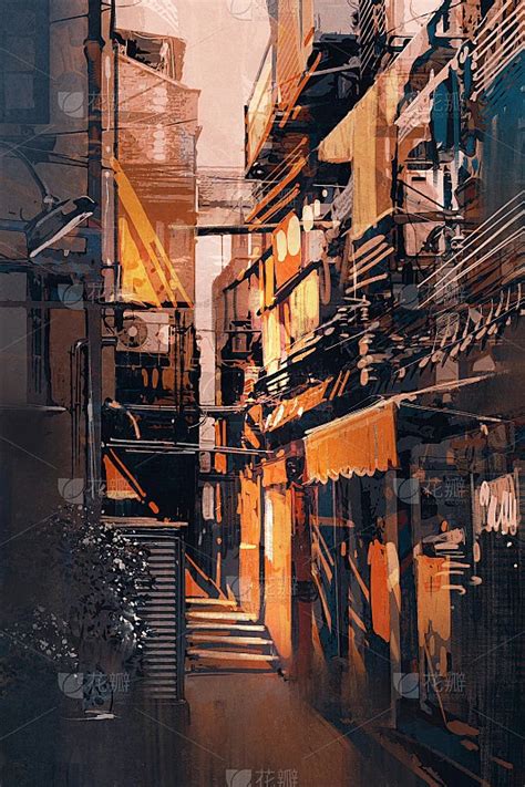 晚上在老城狭窄的小巷里素材 花瓣网