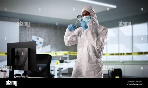 Forensic Investigator Examining Crime Scene For Dna Evidence Clues