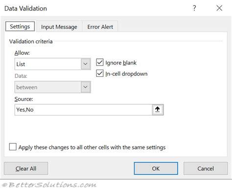 Excel Data Validation Yes Or No