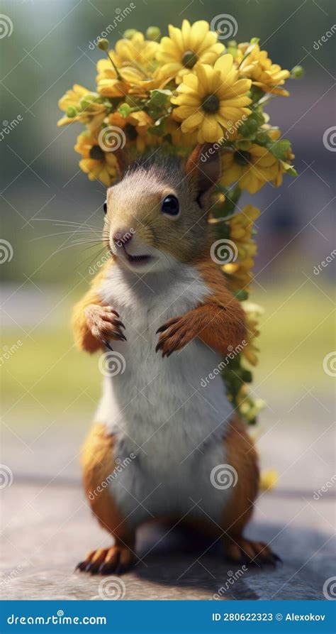 Colorful Animation Small Squirrel With Flower Crown Stock