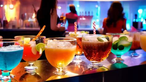Several Alcoholic Cocktails On A Bar Counter And Dancing People In The Night Club People Stock