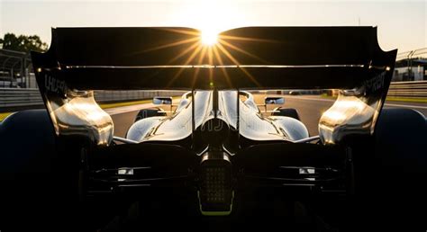 Formula One Car Rear View With Sunset Racing Into Success And