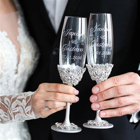Silver Wedding Glasses For Bride And Groom Engraved Wedding Champagne