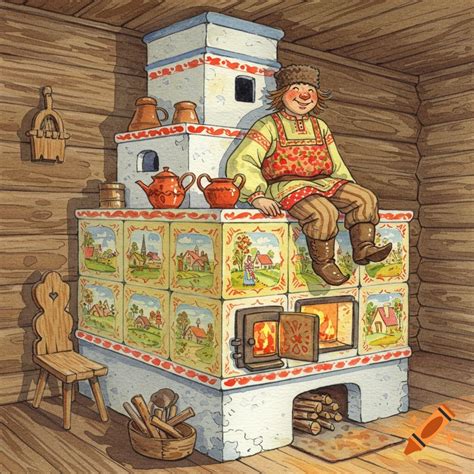 Emelya A Folklore Character Sitting On A Decorated Traditional
