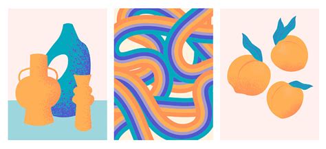 파스텔 컬러 포스터의 추상적 정물 현대 미술 컬렉션 추상 적인 종이 컷 요소 소셜 미디어에 대 한 과일 엽서 인쇄 손으로 그린 복숭아 유기농에 대한 스톡 벡터 아트 및 기타