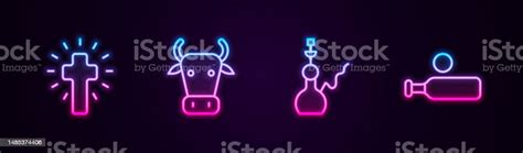 세트 라인 기독교 십자가 암소 물 담뱃대와 나무 크리켓 배트와 공 빛나는 네온 아이콘입니다 벡터 공 스포츠 장비에 대한 스톡 벡터 아트 및 기타 이미지 Istock