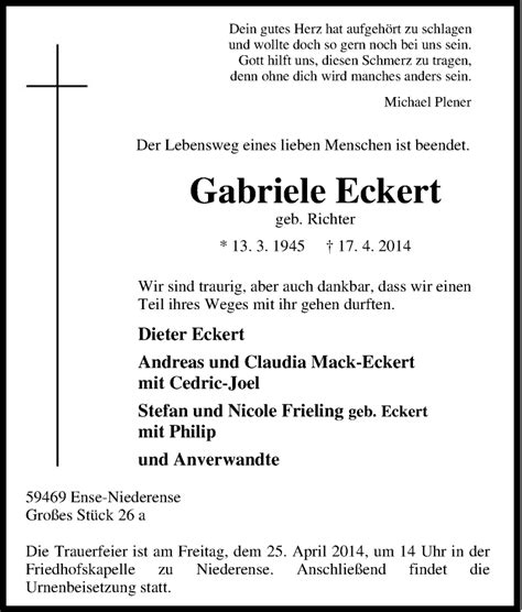 Traueranzeigen Von Gabriele Eckert Trauer In Nrw De
