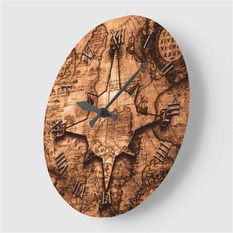 Ancient World Traveler Map And Compass Rose Large Clock Zazzle Map Compass Compass Rose Clock