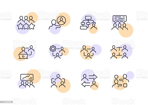 회사 세트 아이콘에서 작업합니다 별 업적 통신 연설 거품 교환 정보 장비 원격 작업 비즈니스 개념 비즈니스 및 광고에 대한 벡터 라인 아이콘 개발에 대한 스톡 벡터 아트 및