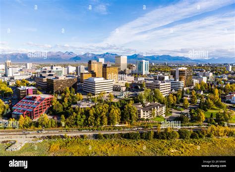 Aerial View Of Downtown Anchorage In Autumn Southcentral Alaska Usa