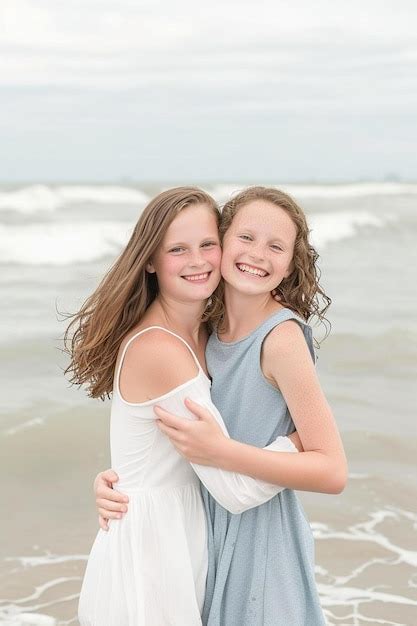 Premium Photo Two Girls Hugging Each Other On The Beach