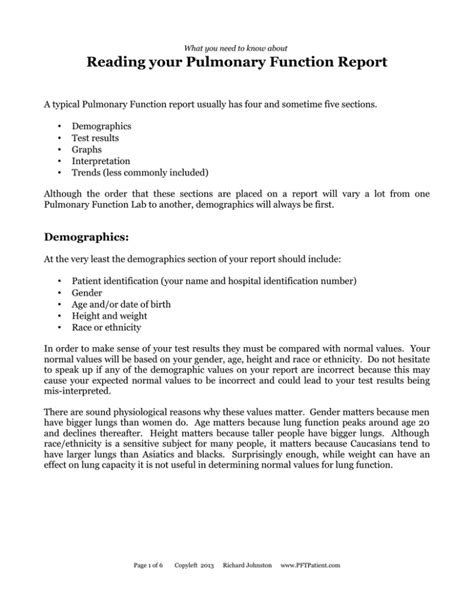 Reading Your Pulmonary Function Report