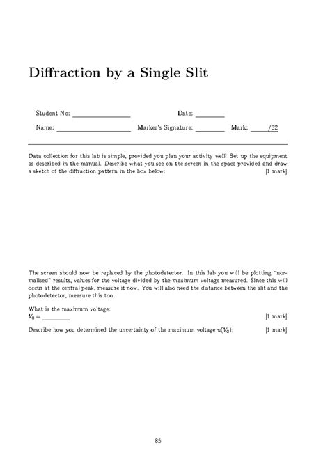 Phys1001 Single Slit Diffraction Worksheet Diffraction By A Single