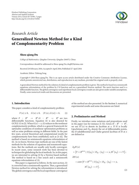 Pdf Generalized Newton Method For A Kind Of Complementarity Problem