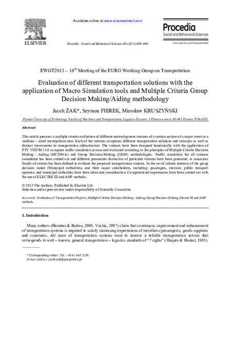 Pdf Evaluation Of Different Transportation Solutions With The