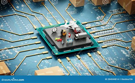 Large Group Of Cardboard Boxes Connected To Microchip 3d Illustration Stock Illustration
