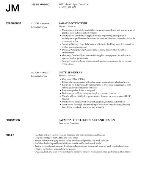 Electrical Foreman Resume Samples Velvet Jobs