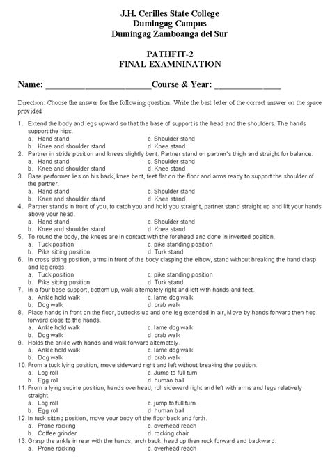 Test Paper J Cerilles State College Dumingag Campus Dumingag Zamboanga Del Sur Pathfit Final