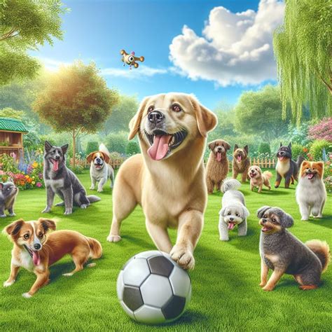 Cute Dog Playing Ball With Pack In Park Fun Dog Activity Ai Art